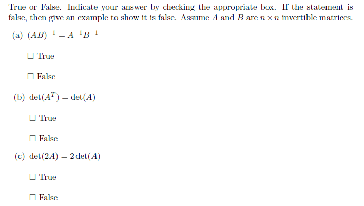 Solved True or False. Indicate your answer by checking the | Chegg.com