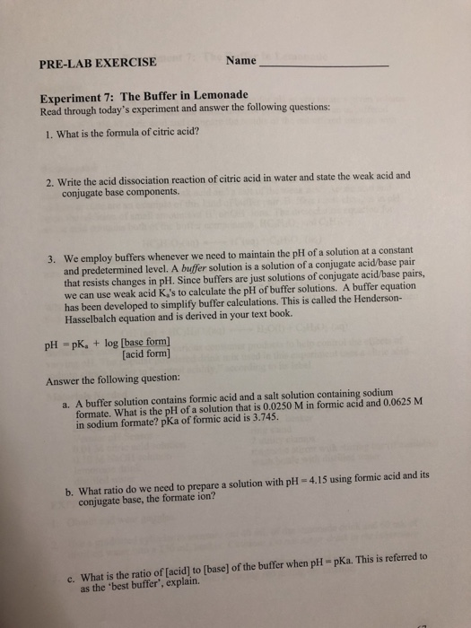 Solved PRE-LAB EXERCISE Name Experiment 7: The Buffer in | Chegg.com