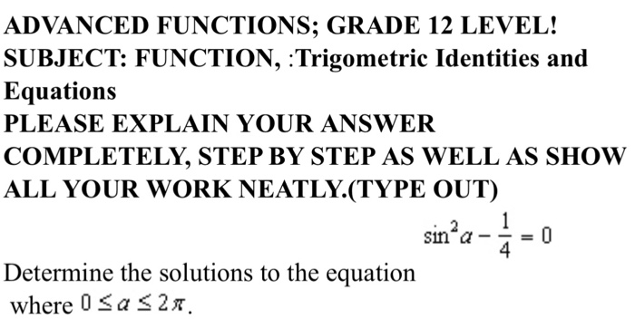 Solved ADVANCED FUNCTIONS; GRADE 12 LEVEL! SUBJECT: | Chegg.com