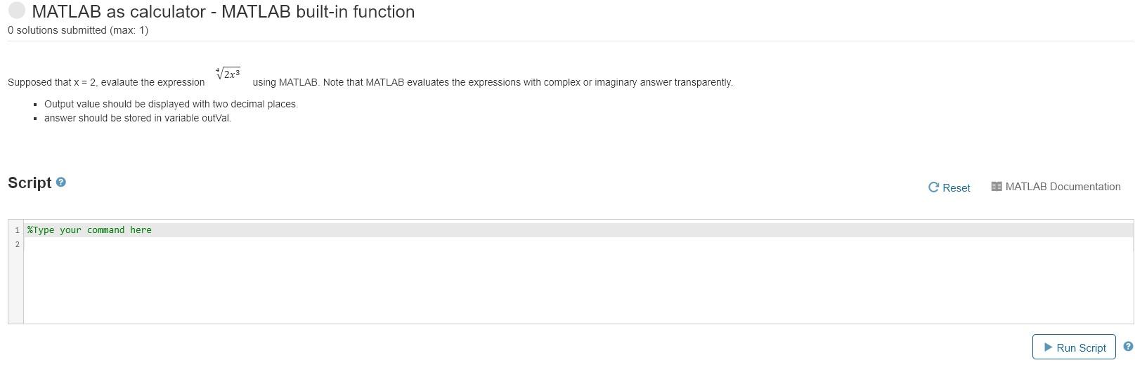 Solved Matlab As Calculator Matlab Built In Function O 8978