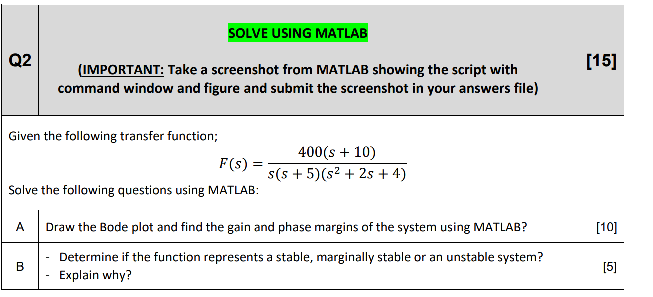 Solved SOLVE USING MATLAB Q2 [15] (IMPORTANT: Take a | Chegg.com
