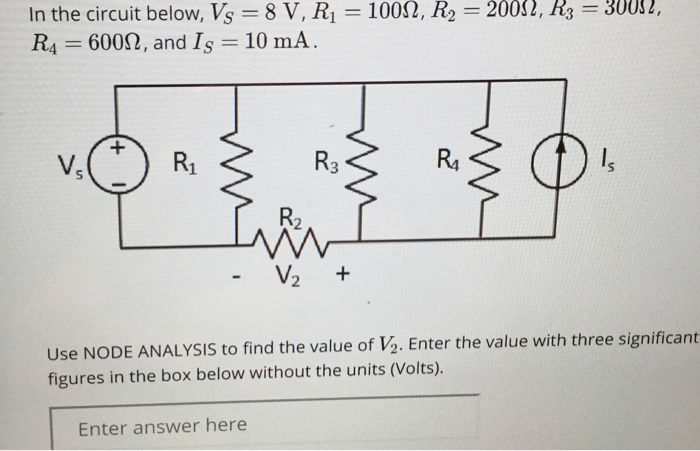 Solved Use node analysis to find the value of V2 with three | Chegg.com