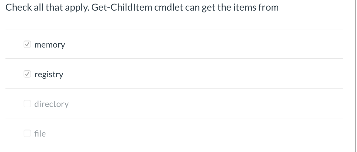 Solved Check all that apply. Get-Childltem cmdlet can get | Chegg.com