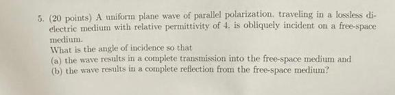 Solved 5. (20 points) A uniform plane wave of parallel | Chegg.com