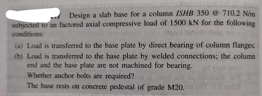 Solved Design a slab base for a column ISHB 350 @ 710.2 N/m | Chegg.com