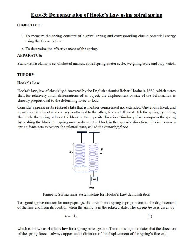 Solved Expt-3: Demonstration of Hooke's Law using spiral | Chegg.com