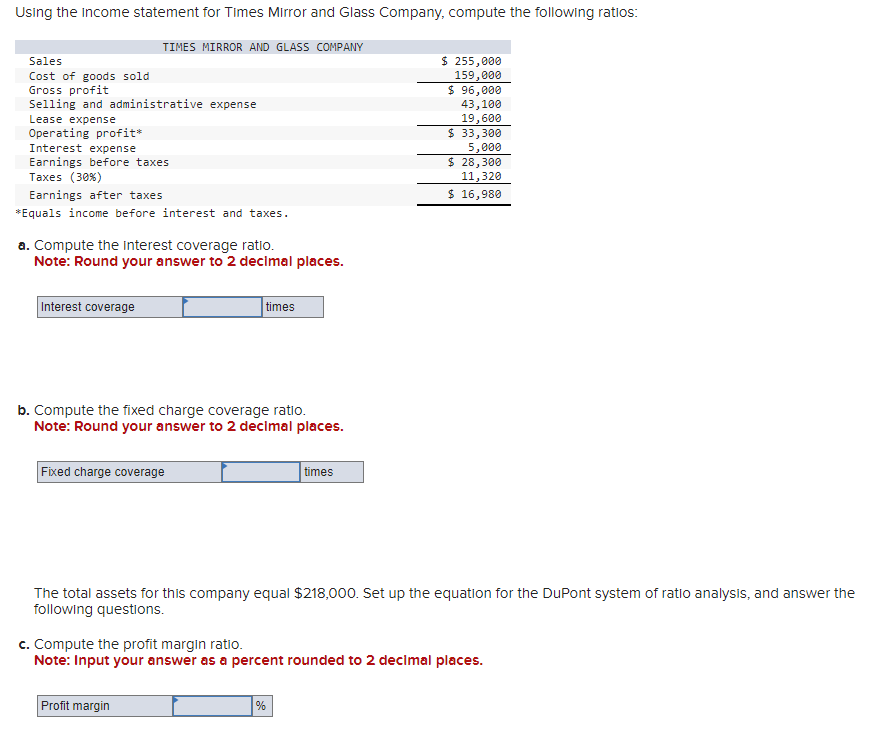 Solved Using the Income statement for Times Mirror and Glass | Chegg.com