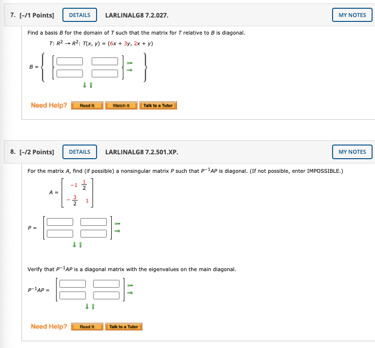 Solved 7. [-/1 Points) DETAILS LARLINALG8 7.2.027. MY NOTES | Chegg.com