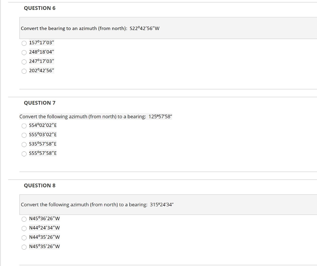 Solved QUESTION 6 Convert the bearing to an azimuth (from | Chegg.com