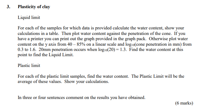 Solved 3. Plasticity of clay Liquid limit For each of the | Chegg.com