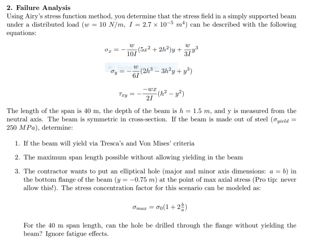 2. Failure Analysis Using Airy's stress function | Chegg.com
