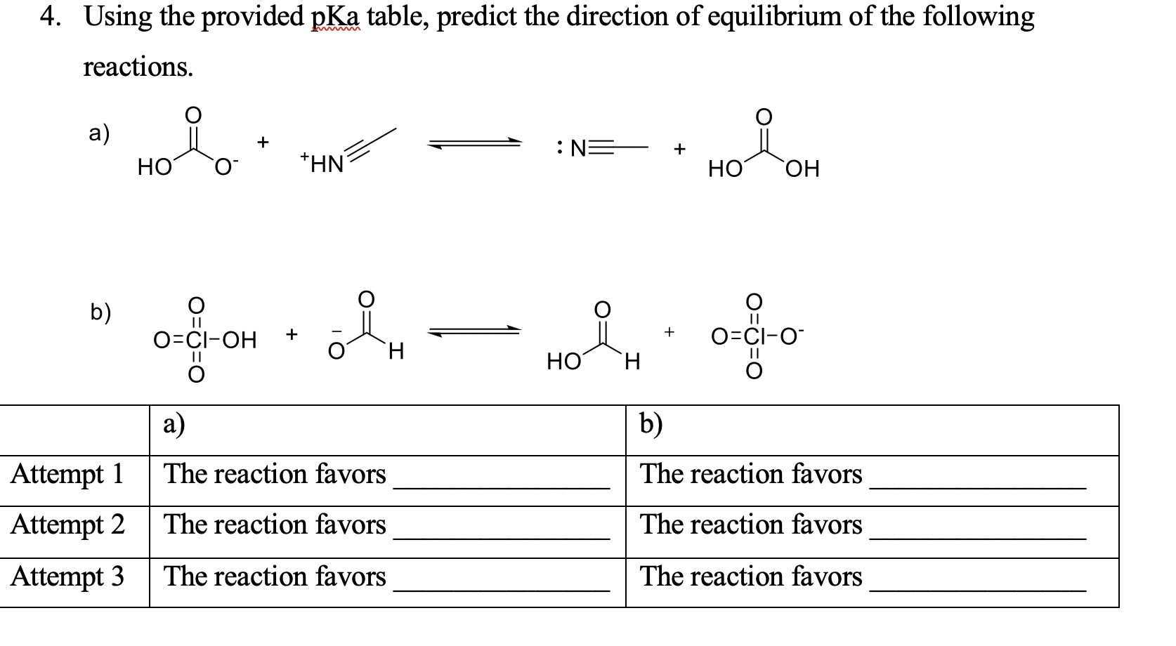 Solved 4. Using the provided pKa table, predict the | Chegg.com