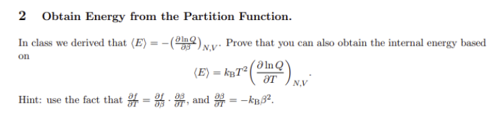 Solved a In 88 2 Obtain Energy from the Partition Function. | Chegg.com