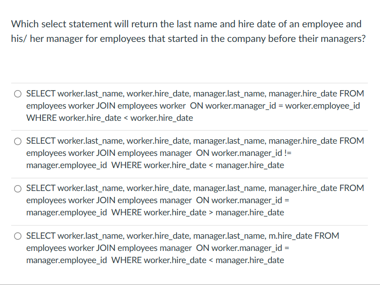 Solved Which select statement will return the last name and | Chegg.com