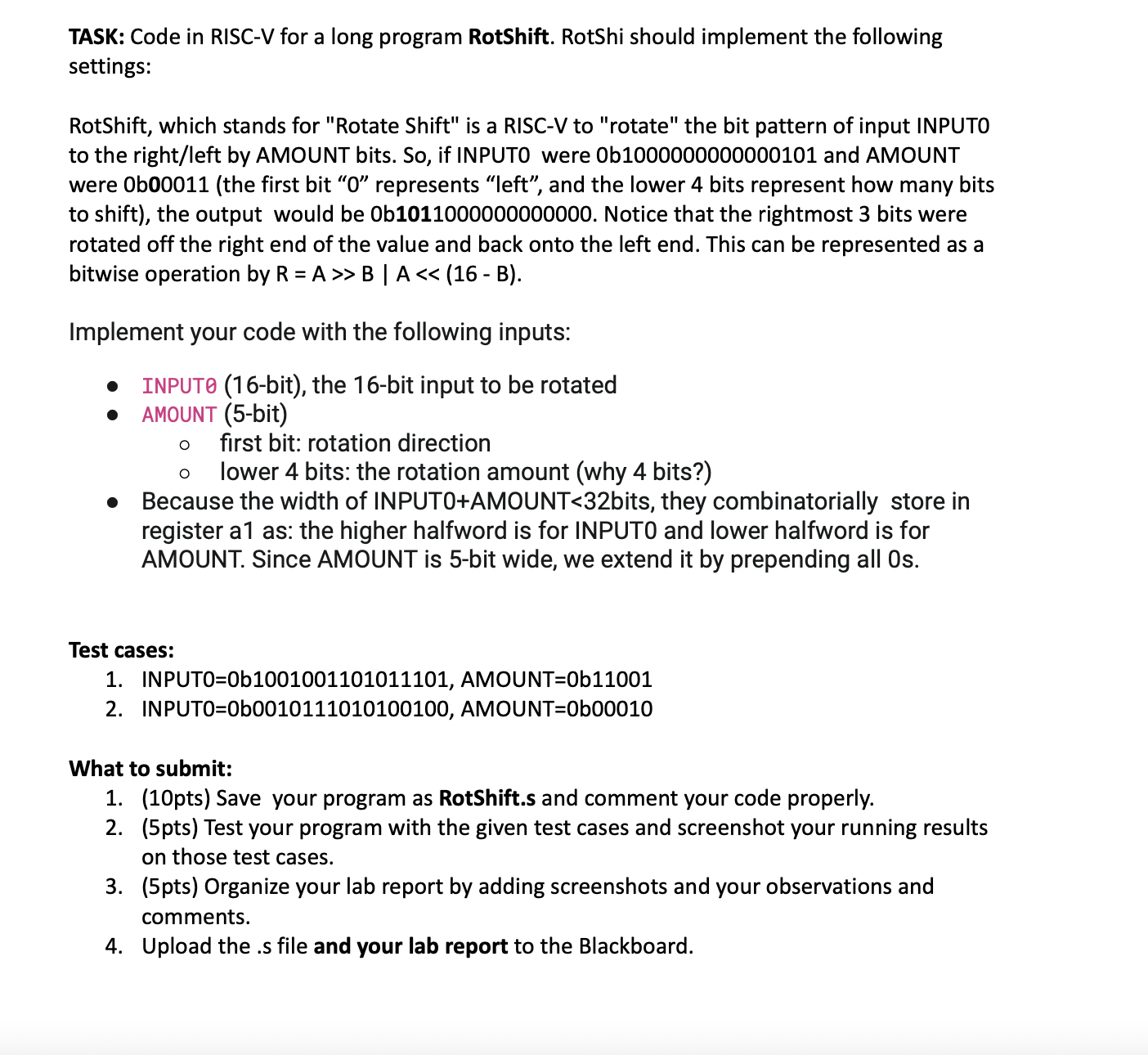 TASK: Code in RISC-V for a long program RotShift. | Chegg.com