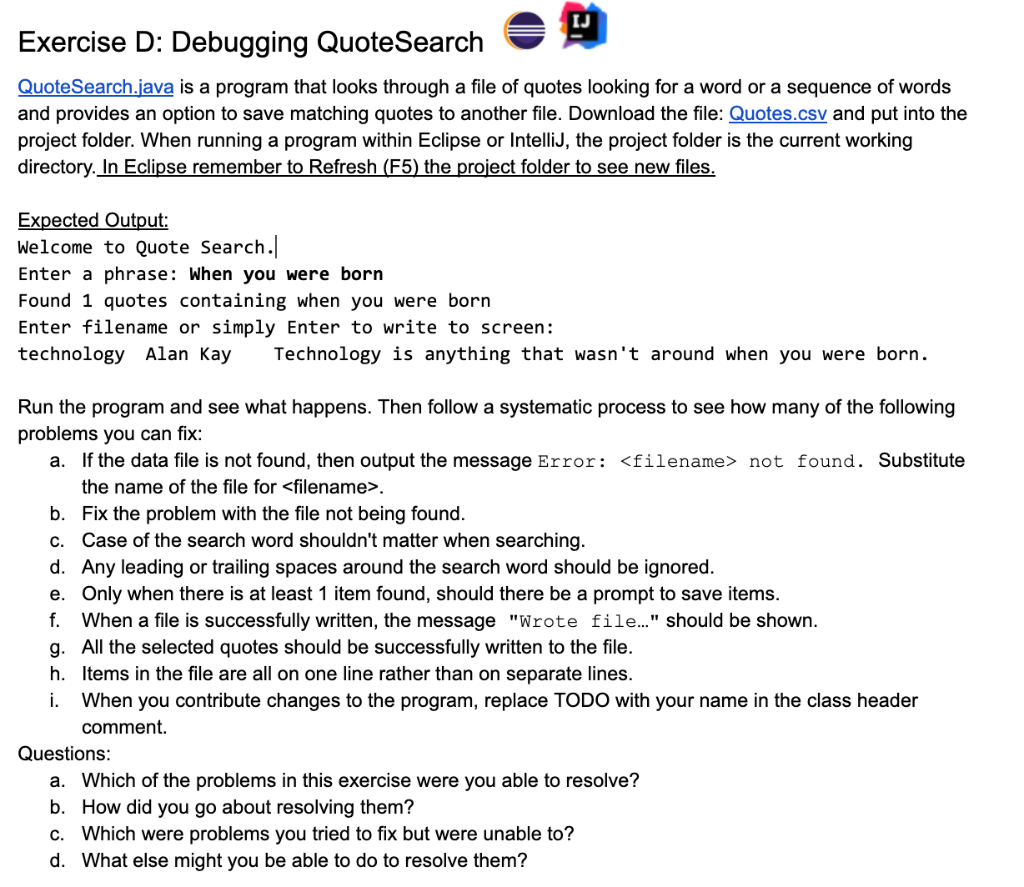 Debugging QuoteSearch. PLEASE HELP. GIVEN | Chegg.com
