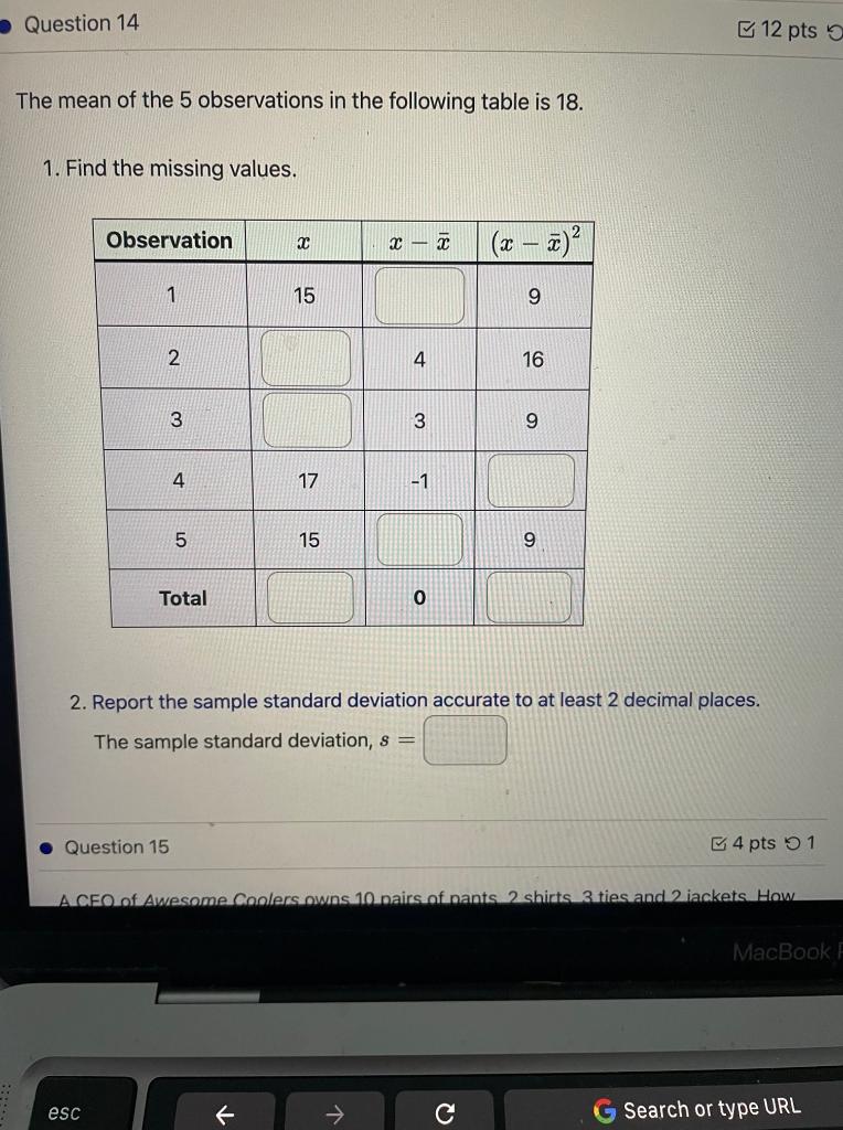 Solved The mean of the 5 observations in the following table | Chegg.com