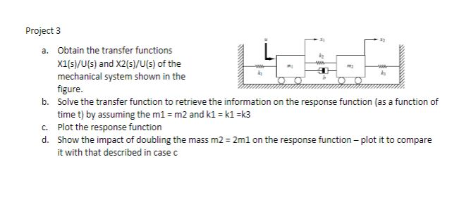 Solved Project 3 a. Obtain the transfer functions X1(s)/U(s) | Chegg.com