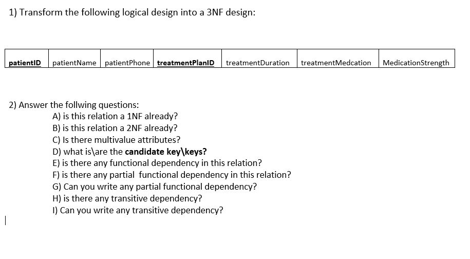 1) Transform the following logical design into a 3NF | Chegg.com