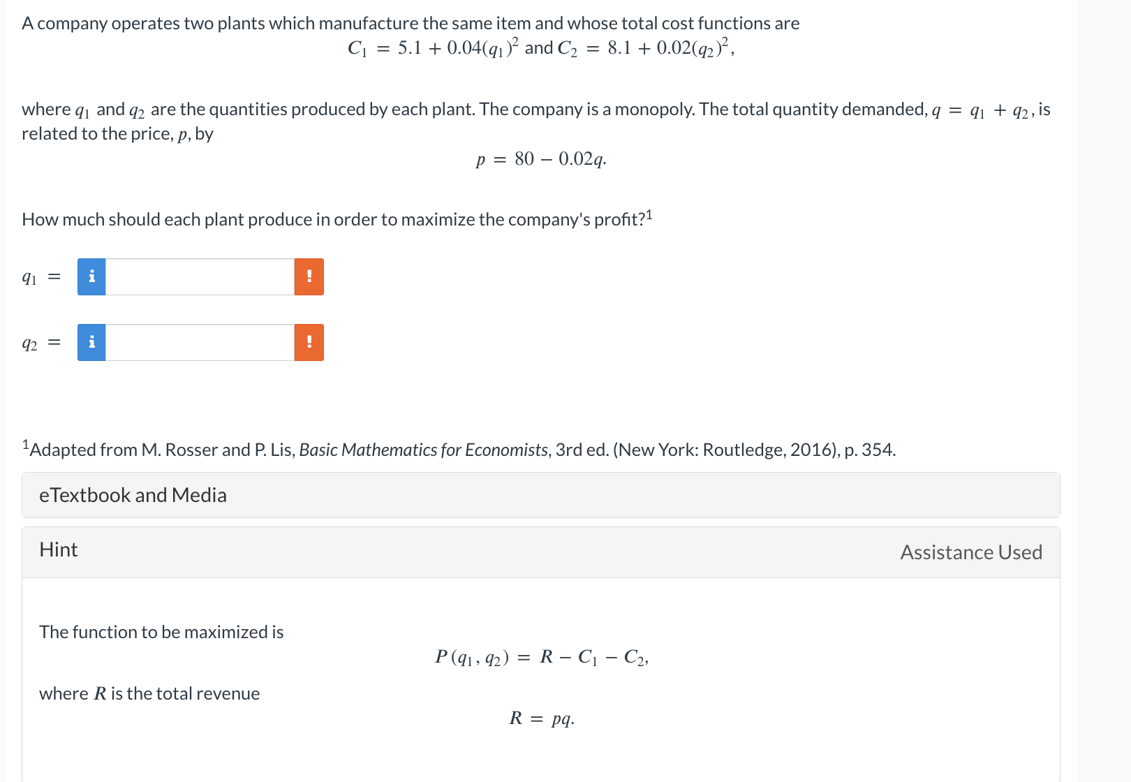 Solved C1=5.1+0.04(q1)2 and C2=8.1+0.02(q2)2 where q1 and q2 | Chegg.com