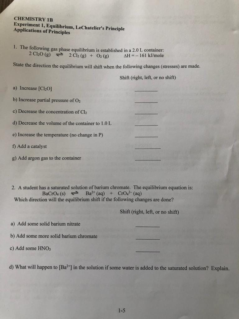 Solved 1. The following gas phase equilibrium is established | Chegg.com
