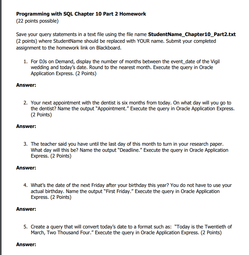 Programming With Sql Chapter 10 Part 2 Homework 22 
