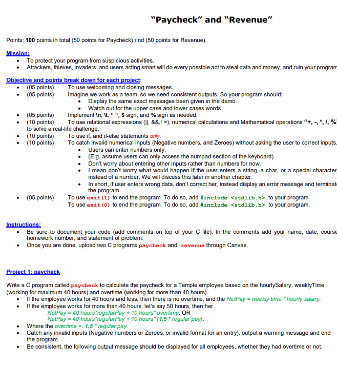 Solved "Paycheck" and "Revenue" Points: 100 points in total | Chegg.com