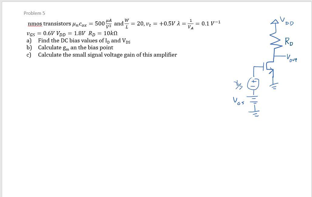 Solved Problem 5 = 0.1 V-1 VA go W nmos transistors In Cox = | Chegg.com