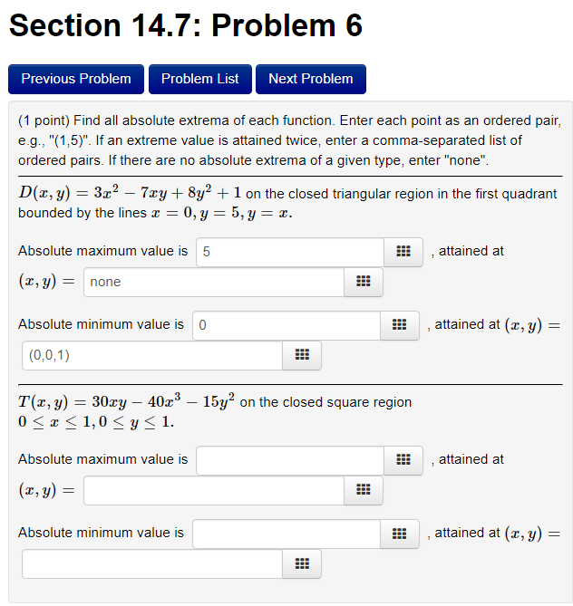 Solved Section 14.7: Problem 6 T(x,y)=30xy−40x3−15y2 on the | Chegg.com