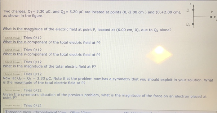 Solved Two charges, Q1 3.30 uC, and Q2- 5.20 uC are located | Chegg.com