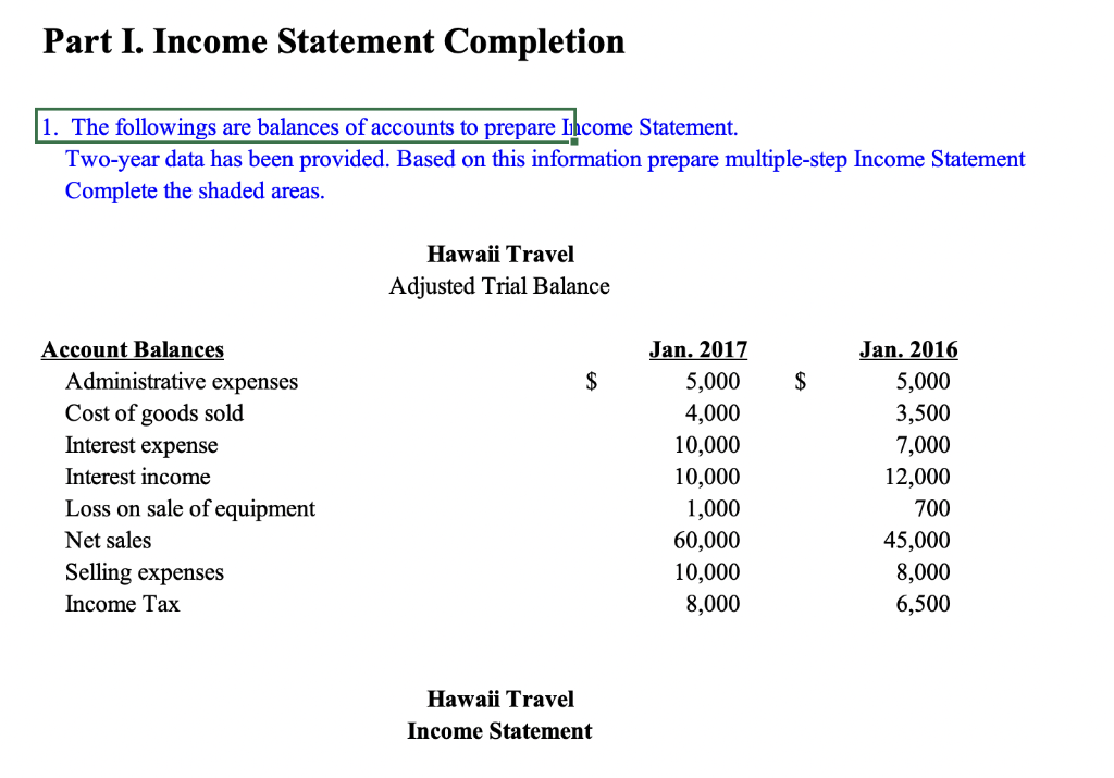 Part I. Income Statement Completion 1. The followings | Chegg.com