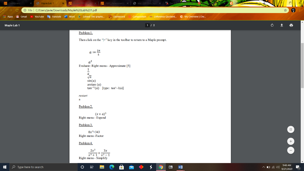 Solved Dashboard x Maple Lab 1 MVC_Assessment x mat 220 Quiz | Chegg.com