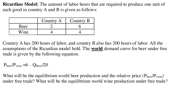 Solved Ricardian Model: The amount of labor hours that are | Chegg.com