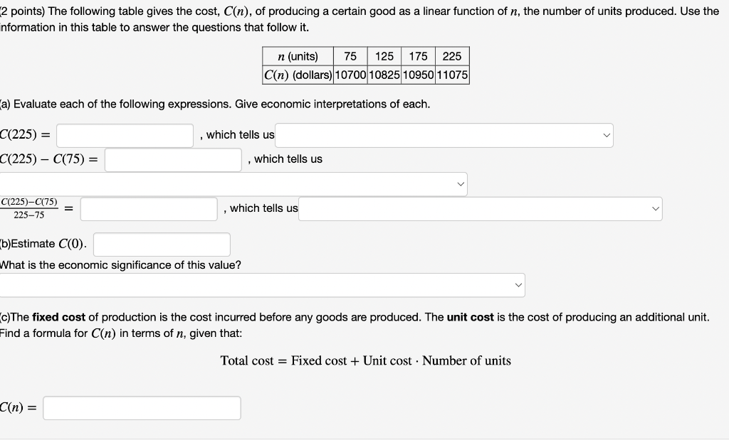 Solved (2 points) The following table gives the cost, C(n), | Chegg.com