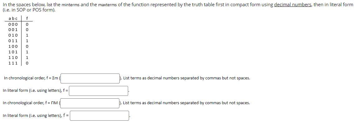 Solved In the spaces below, list the minterms and the | Chegg.com