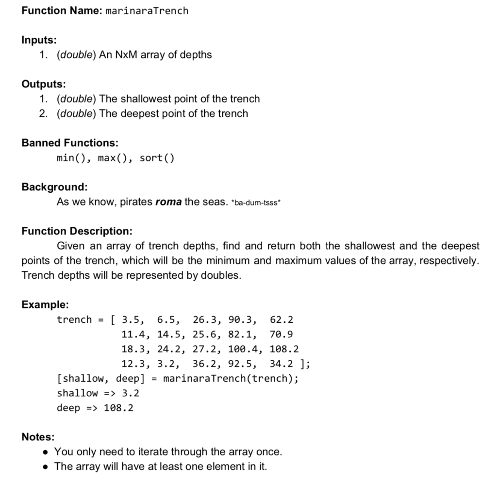 Solved Function Name: marinaraTrench Inputs: 1. (double) An | Chegg.com