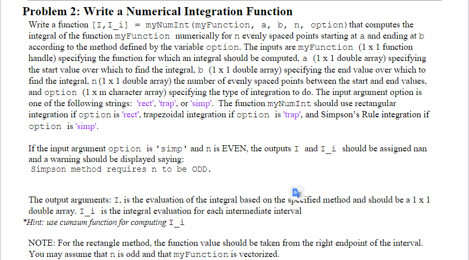 Solved Problem 2: Write a Numerical Integration Function | Chegg.com
