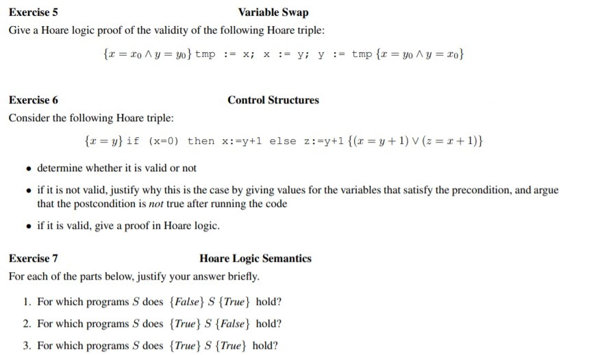 Exercise 5 Variable Swap Give a Hoare logic proof of | Chegg.com