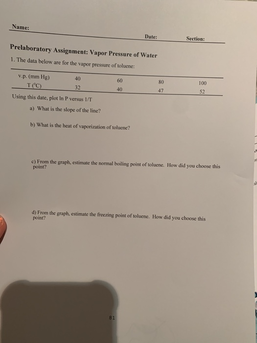 Solved Name: Date: Section: Prelaboratory Assignment: Vapor | Chegg.com