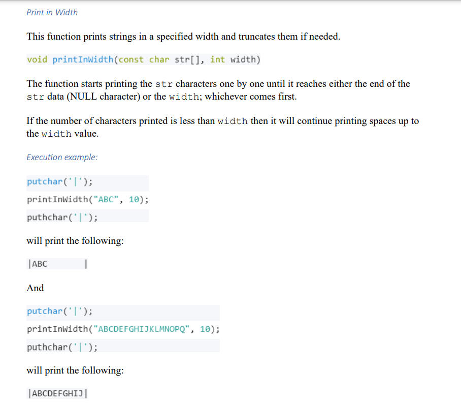 Solved This function prints strings in a specified width and | Chegg.com