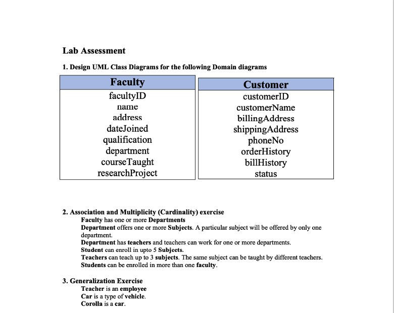 Solved Lab Assessment 1. Design UML Class Diagrams for the | Chegg.com
