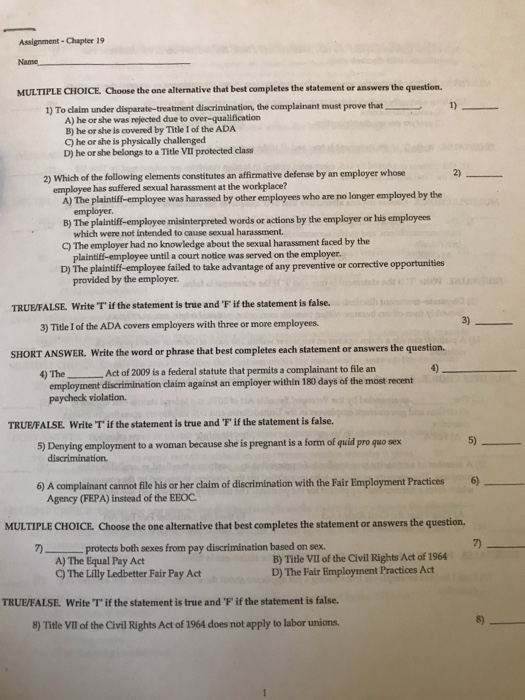 Solved Assignment-Chapter 19 MULTIPLE CHOICE Choose the one | Chegg.com