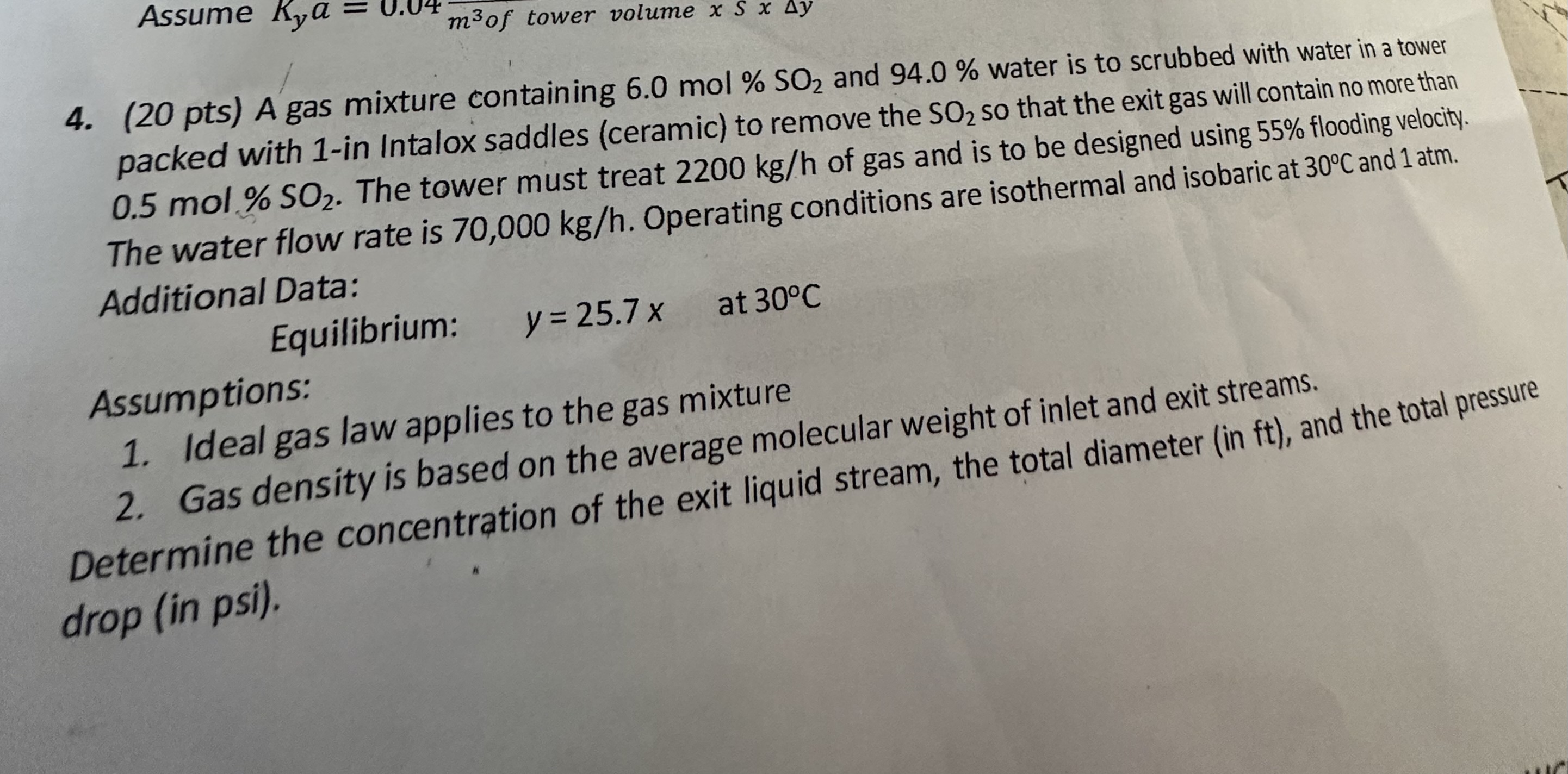 Solved 4. (20 pts) A gas mixture containing 6.0 mol%SO2 and | Chegg.com