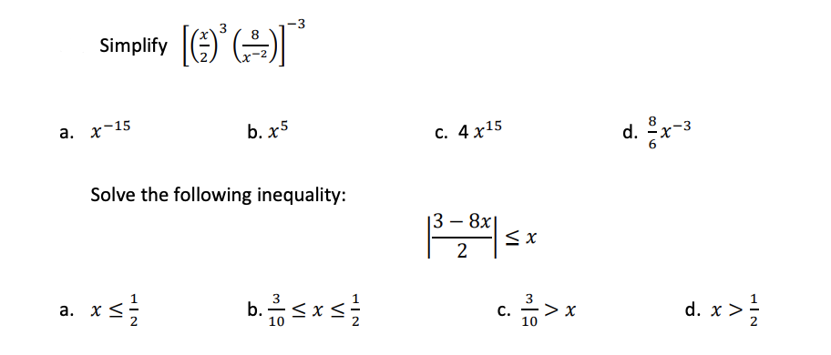 Solved Simplify [(2x)3(x−28)]−3 a. x−15 b. x5 C. 4x15 d. | Chegg.com