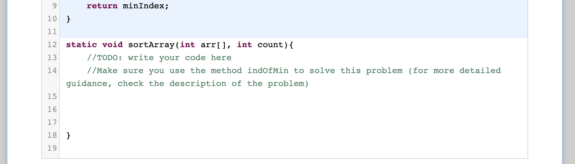 Solved Sort array by using indOfMin method Complete the | Chegg.com