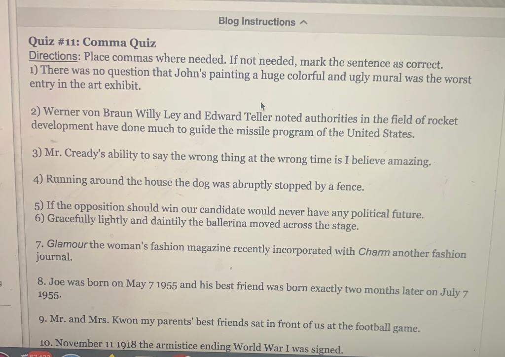 Solved Blog Instructions - Quiz #11: Comma Quiz Directions: | Chegg.com