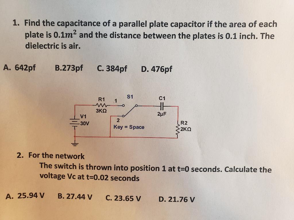 Solved 1. Find the capacitance of a parallel plate capacitor | Chegg.com