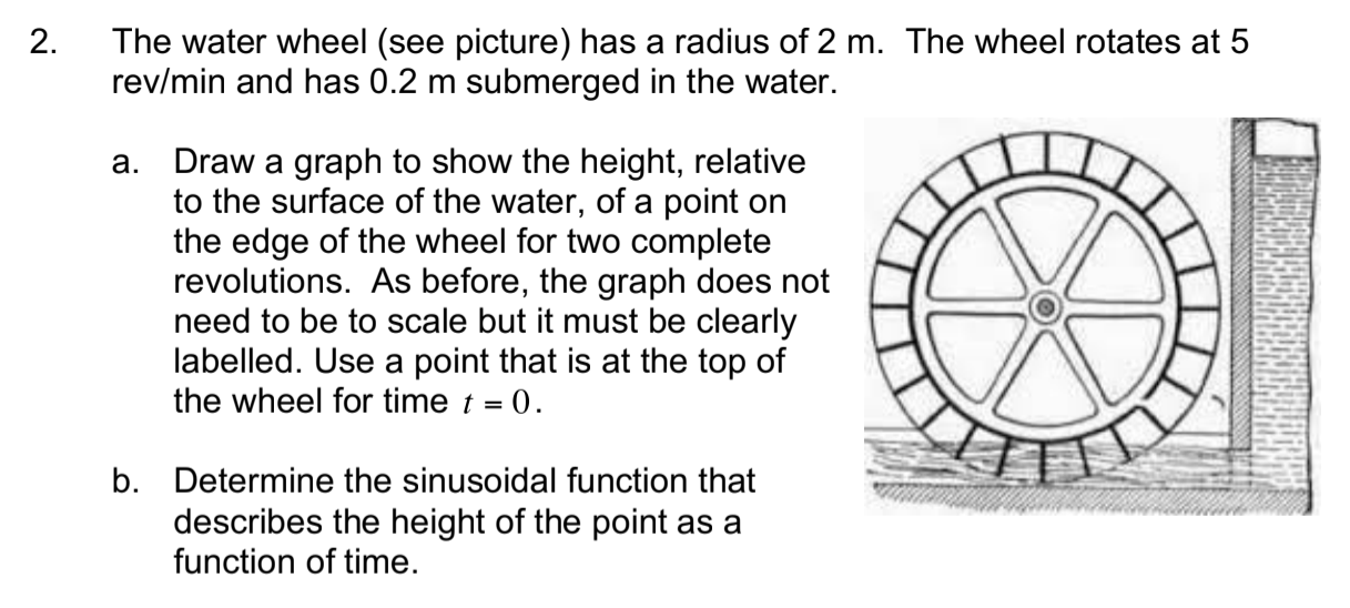 Solved 2. The water wheel (see picture) has a radius of 2 m. | Chegg.com