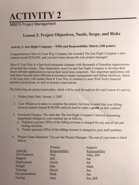 ACTIVITY 2 MB670 Project Management Lesson 2: Project | Chegg.com