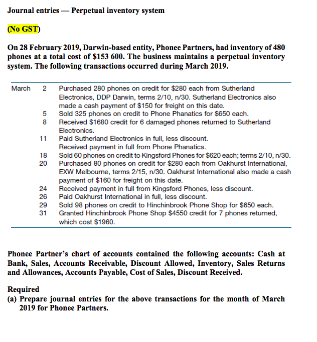 Solved Journal entries- Perpetual inventory system (No GST) | Chegg.com